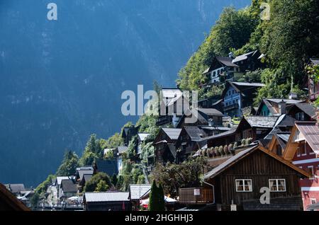 HALLSTATT , AUSTRIA 08 September , 2020 Colorful houses in the center ...