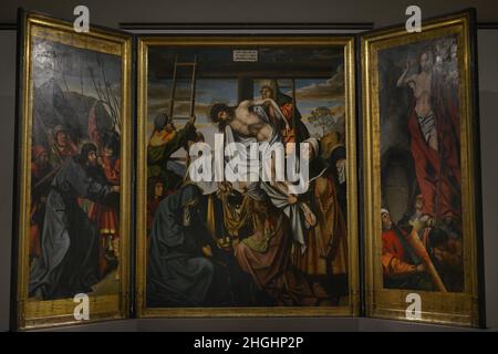 Flemish School, 16th century. Triptych. Central panel shows Holy Spirit at Pentecost. Left panel ...