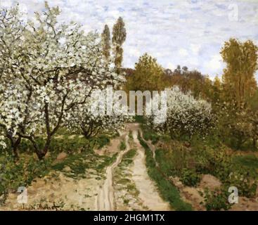 'Pommiers en fleurs' (1872) by Claude Monet features a blossoming ...