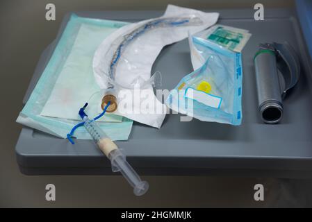 Hospital Airway equipment on table for breathing and intubation Stock ...