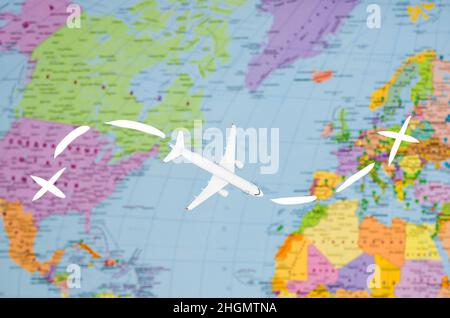 Flight to Europe symbolic image of travel by plane map Stock Photo - Alamy