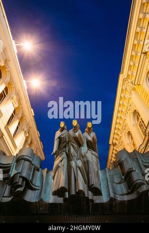 Vilnius Three Muses, view of the Three Muses statue sited above the ...