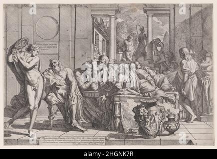 Plato's symposium: Socrates and his companions seated around a table ...