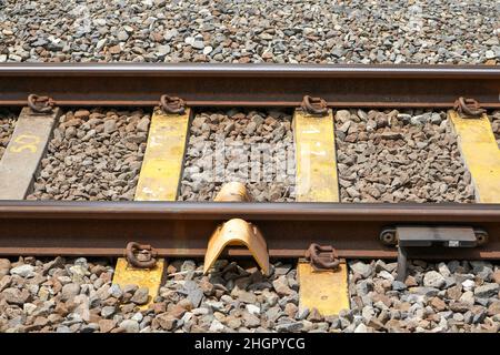 A railway track (British English and UIC terminology) or railroad track ...
