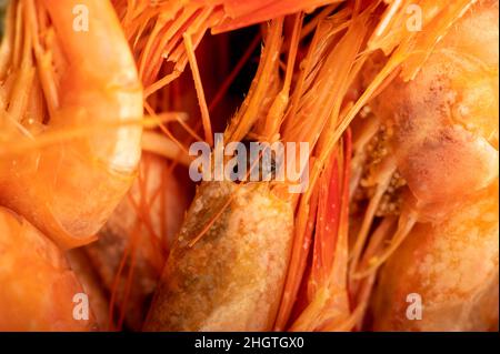 Atlantic shrimp cooked with allspice and bay leaf close-up, surface ...