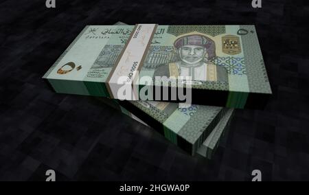 Oman Rial money pack 3d illustration. OMR banknote bundle stacks ...