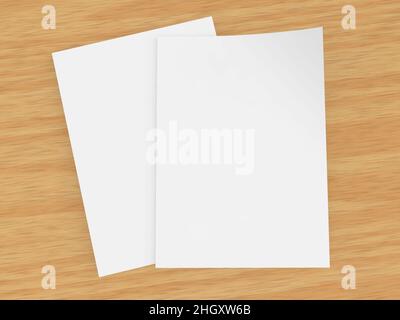 Two sheets of A4 paper on a blue background. 3d render illustration ...