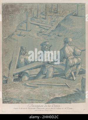 The invention of the cross; three men lifting a cross from a trench; from 'Recueil d'estampes d ...