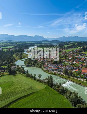 Aerial view to Lechbruck and the Lech lake Stock Photo - Alamy