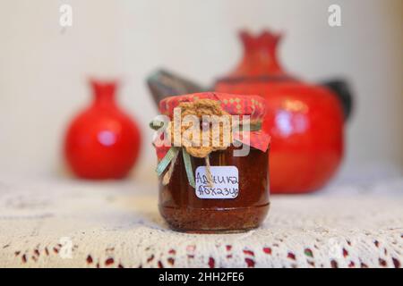 Assorted jams on the table in the kitchen Stock Photo - Alamy