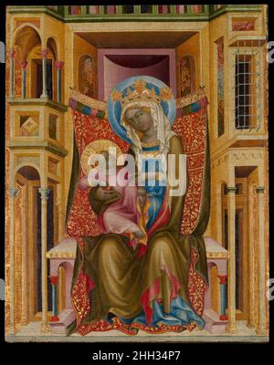 The Virgin and Child enthroned within an elaborate architectural structure, flanked by four ...