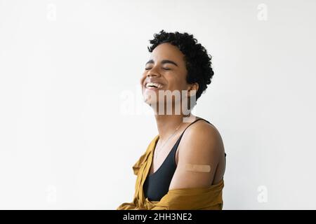 Happy woman feeling relief. Excited person having freedom from ...