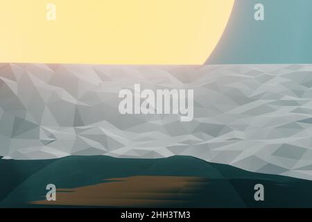 Abstract polygonal glaciers landscape ocean with Sunset. 3d rendering ...