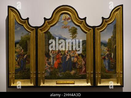 Flemish School, 16th century. Triptych. Central panel shows Holy Spirit at Pentecost. Left panel ...