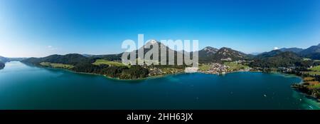 Austria, Salzburg, Fuschl am See, Drone view of mountain village on ...