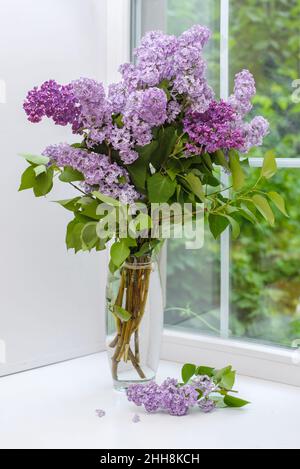 Vase with lilac flowers on windowsill Stock Photo - Alamy