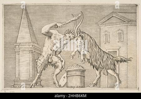 A satyr and a ram attacking each other, the satyr weilding a club with ...