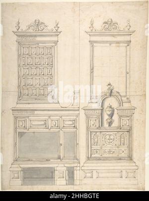 At left: the left side of the elevation of a fountain in a park. A dado ...