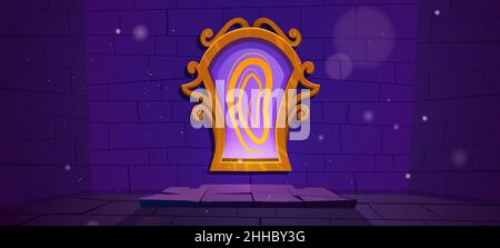 Magic mirror in golden frame on stone wall at night. Vector cartoon ...