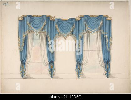 Design for Blue and Gold Curtains with Gold Fringes and a Gold Pediment ...