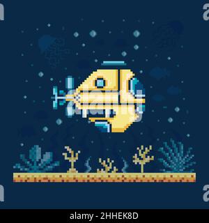Pixel game submarine, underwater landscape. Vector pixelated background ...