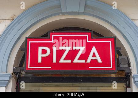 Big Red Sign Pizza at Door Arch Fast Food Stock Photo - Alamy