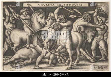 Hercules with his club in center fighting a centaur, other men fighting ...