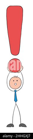 Stickman businessman holding exclamation mark. Hand drawn outline ...
