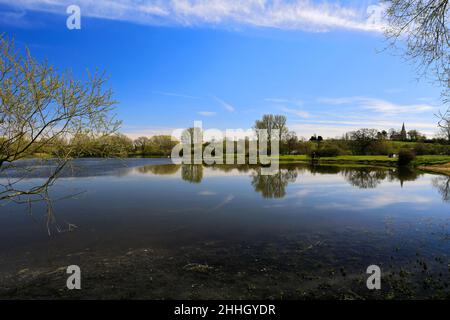 Summer view over the Harrold Odell Country Park Lake, Harrold village ...