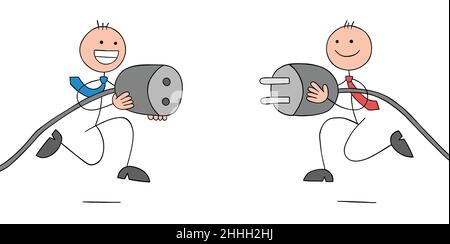 Stickman businessman carries the plug to the socket at the top of the ...