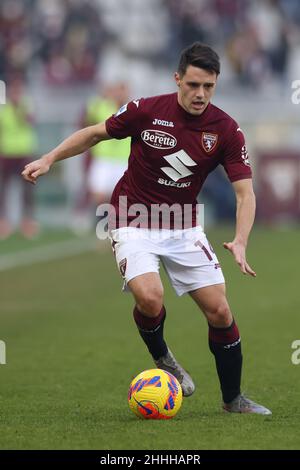 Turin, Italy, 23rd January 2022. Mergim Vojvoda of Torino FC challenges ...