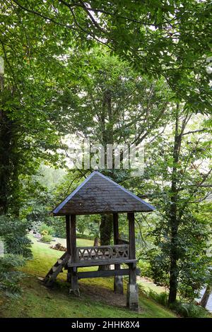 A wooden shelter near the tree trunk in the forest Stock Photo - Alamy