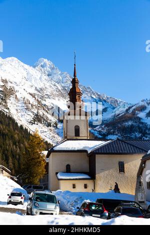 Snowy winter in Argentiere Chamonix Mont Blanc, mountain ski resort in ...
