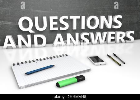Questions and Answers - text concept with chalkboard, notebook, pens ...