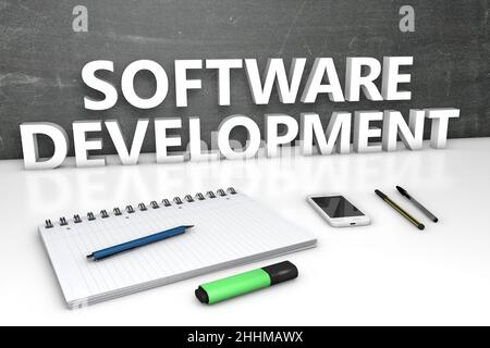 Software Development - text concept with chalkboard, notebook, pens and ...