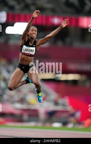 Thea Lafond competing in the Triple Jump at the 2020 Tokyo Olympics ...