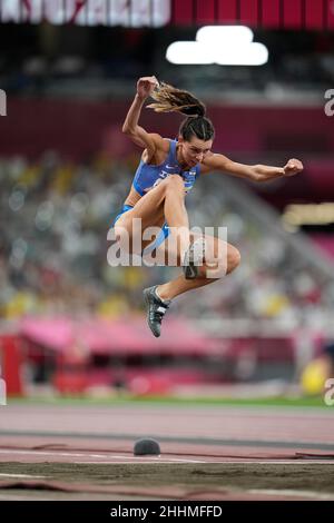 Hanna Minenko competing in the Triple Jump at the 2020 Tokyo Olympics ...