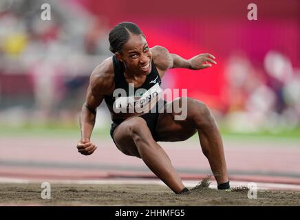 Thea Lafond competing in the Triple Jump at the 2020 Tokyo Olympics ...