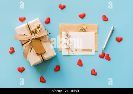Greeting card and gift boxs with red heart on blue background, copy ...