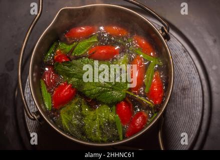boiling survival tea with rose hips and leaves Stock Photo - Alamy
