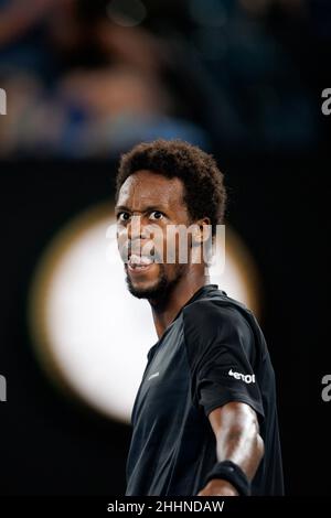 Gael Monfils of France in action against Novak Djokovic of Serbia ...