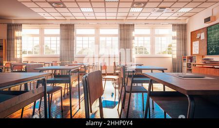 interior of a traditional Japanese school classroom made of wood. 3d ...