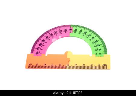 colorful plastic protractor in different color isolated on the white ...