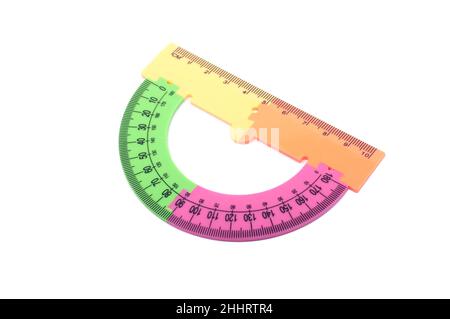 colorful plastic protractor in different color isolated on the white ...