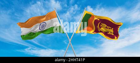 India and Sri Lanka two flags on flagpoles and blue cloudy sky Stock ...