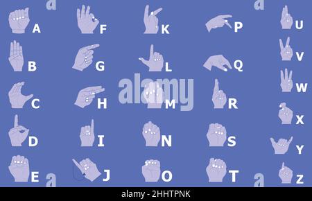 Vector illustration of Deaf and dumb alphabet, designation of English letters with hands ...