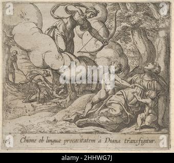 Plate 105: Diana aiming her bow toward Chione, who is accompanied by ...