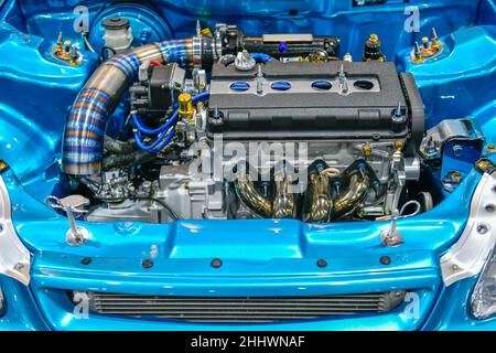 Details of blue car engine. Modification of the turbo engine Stock ...