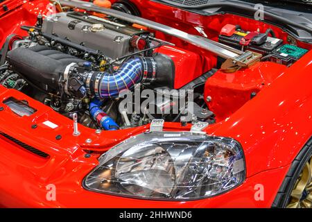 Details of red car engine. Modification of the turbo engine Stock Photo ...