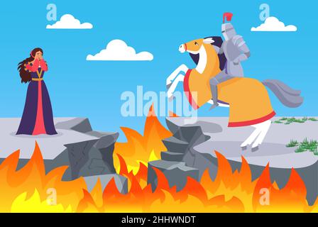 Fairy tale of rescuing princess, horseman knight riding horse to rescue ...